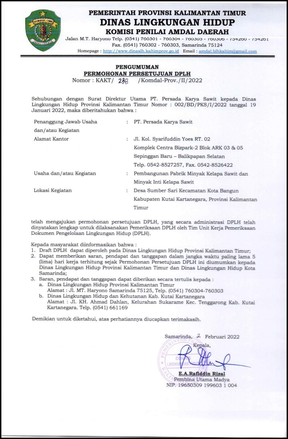 PENGUMUMAN – Dinas Lingkungan Hidup Provinsi Kalimantan Timur