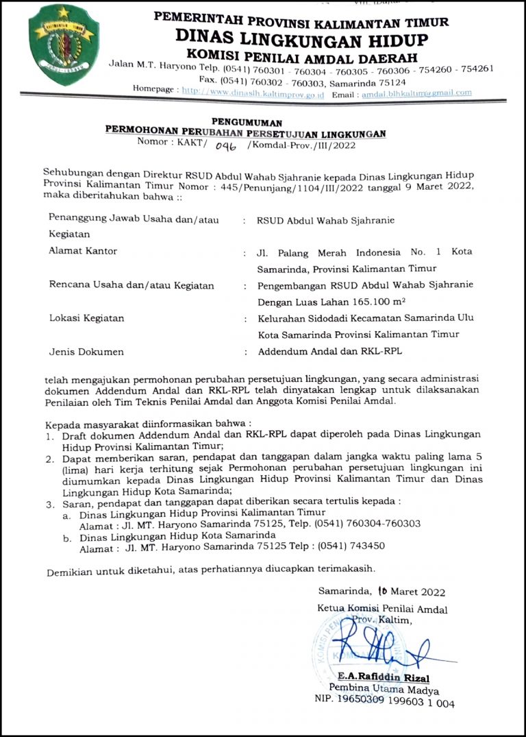 PENGUMUMAN – Dinas Lingkungan Hidup Provinsi Kalimantan Timur