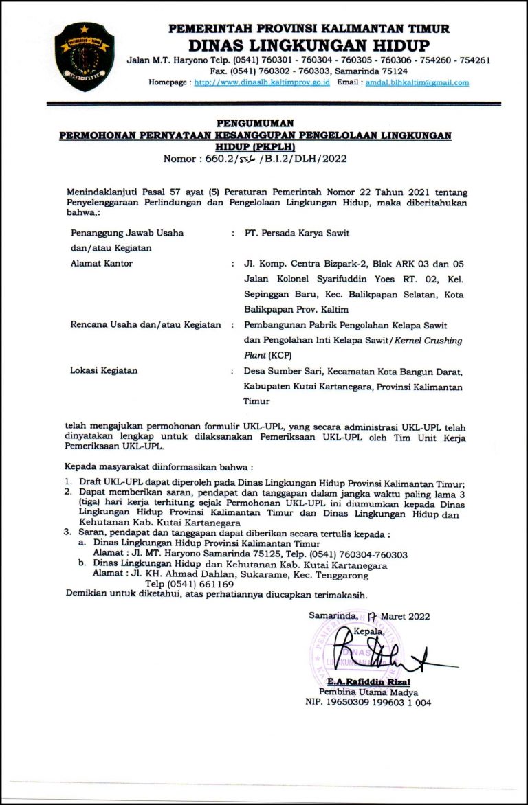 PENGUMUMAN – Dinas Lingkungan Hidup Provinsi Kalimantan Timur