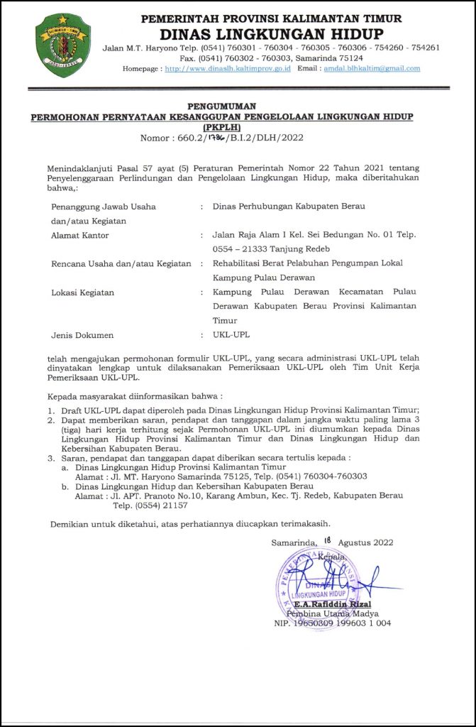 PENGUMUMAN – Dinas Lingkungan Hidup Provinsi Kalimantan Timur