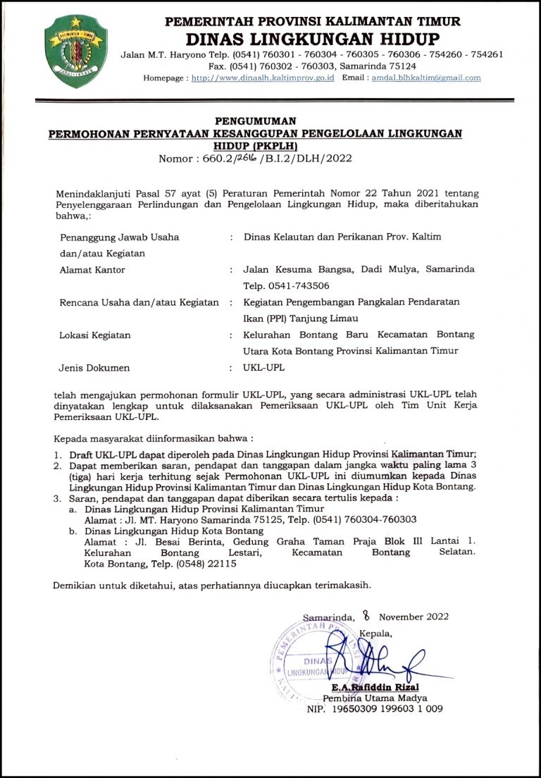 PENGUMUMAN – Dinas Lingkungan Hidup Provinsi Kalimantan Timur